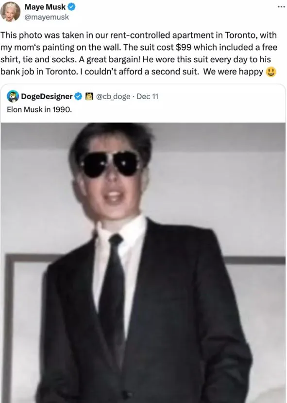 Elon Musks Mom Shares Story Of Suit He Wore Daily As He Breaks 400